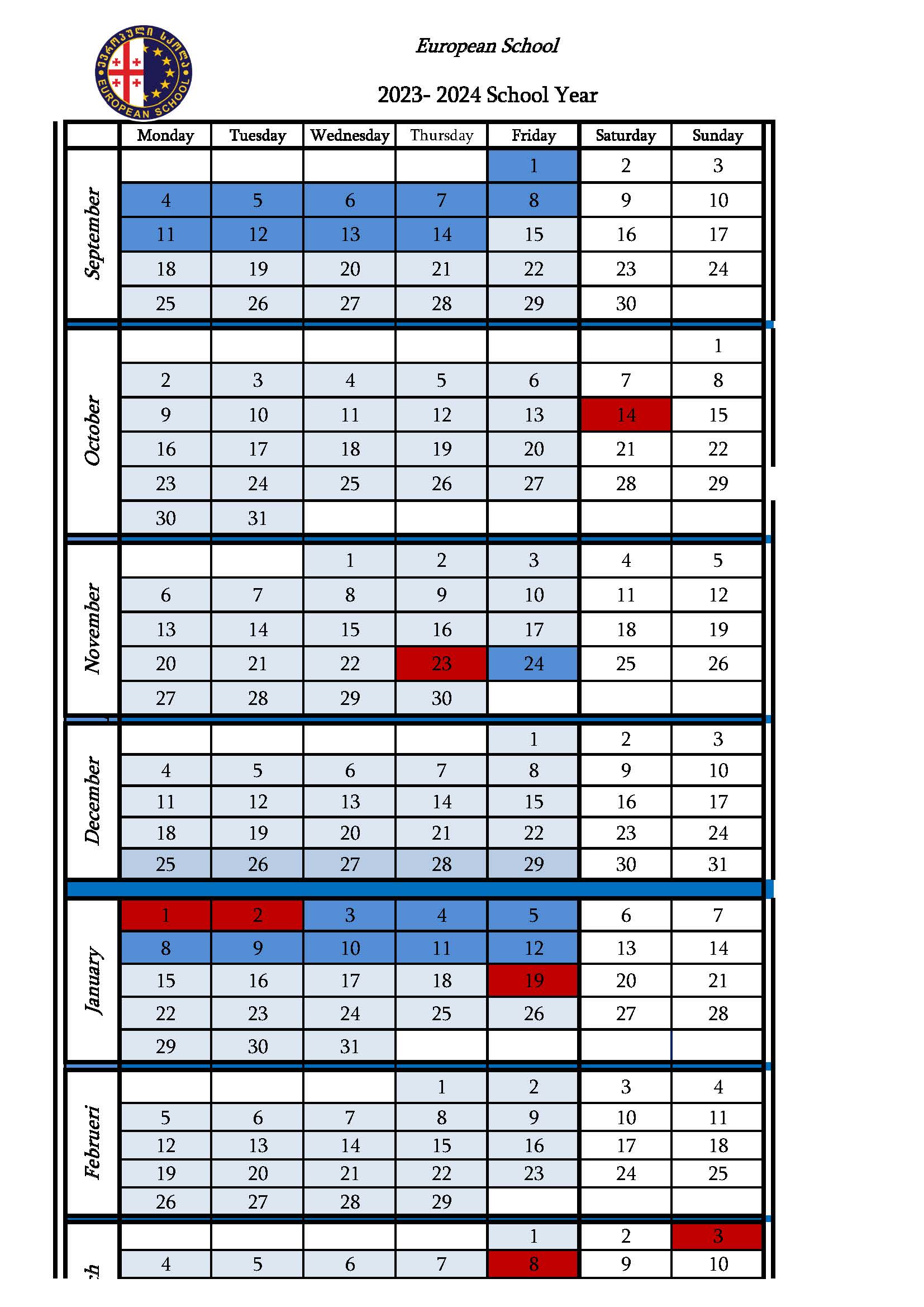 School Calendar - EUROPEAN SCHOOL